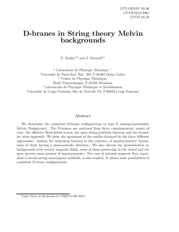 (PDF) D-branes in string theory Melvin backgrounds | Emilian Dudas ...