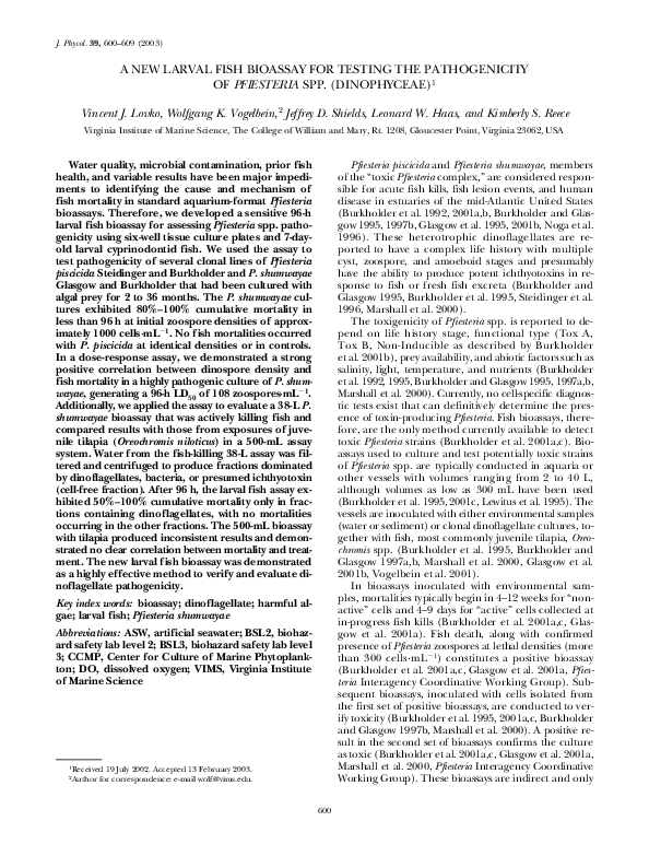 (PDF) A New Larval Fish Bioassay for Testing the Pathogenicity of ...