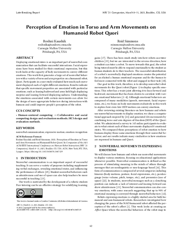 (PDF) Perception of Emotion in Torso and Arm Movements on Humanoid Robot Quori