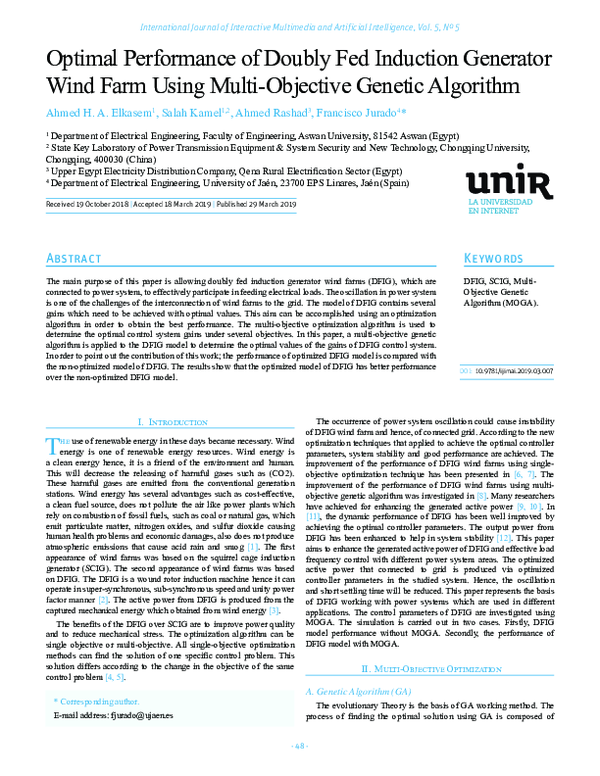 Pdf Optimal Performance Of Doubly Fed Induction Generator Wind Farm Using Multi Objective