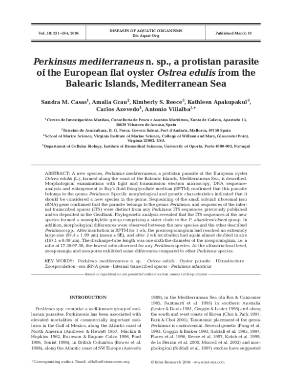 (PDF) Perkinsus mediterraneus n. sp., a protistan parasite of the ...