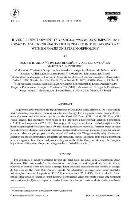 (PDF) Juvenile development of Dilocarcinus pagei Stimpson, 1861 ...