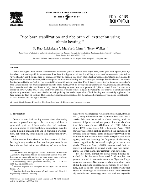(PDF) Rice bran stabilization and rice bran oil extraction using ohmic ...