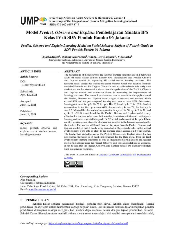 (PDF) Model Predict, Observe and Explain Pembelajaran Muatan IPS Kelas IV di SDN Pondok Bambu 06 ...