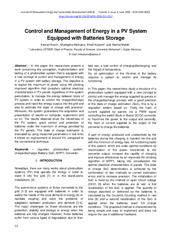 (PDF) Control and Management of Energy in a PV System Equipped with ...