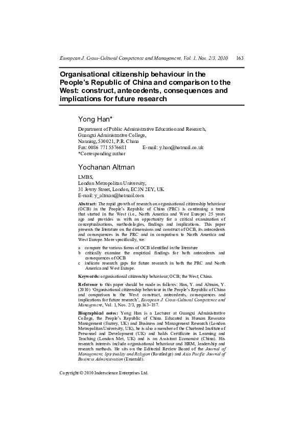 (PDF) Organisational citizenship behaviour in the People's Republic of ...