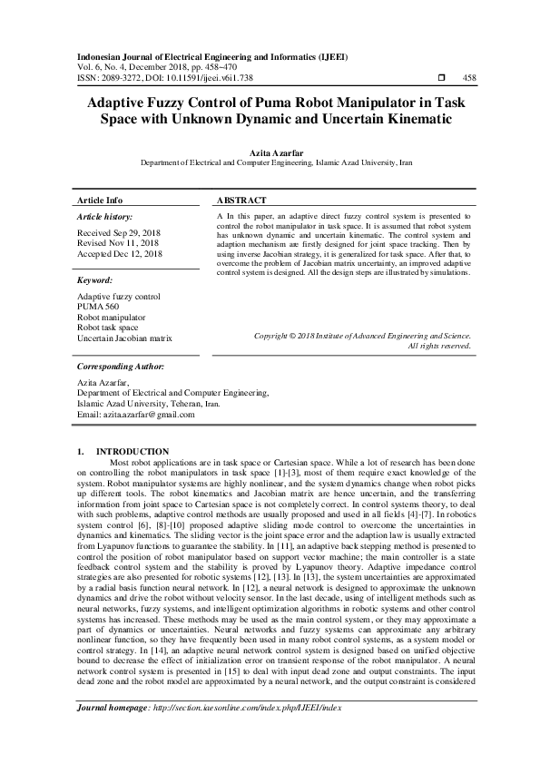 (PDF) Adaptive Fuzzy Control of Puma Robot Manipulator in Task Space with Unknown Dynamic and ...