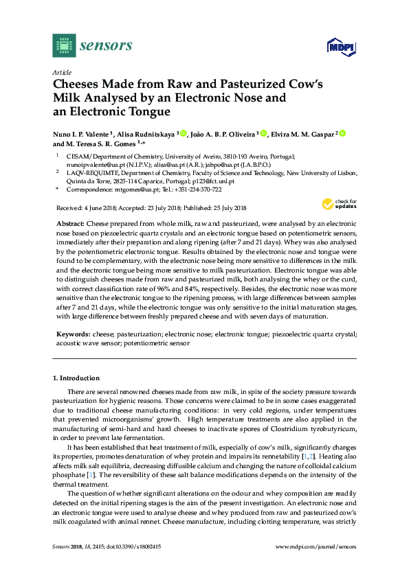 (PDF) Cheeses Made from Raw and Pasteurized Cow's Milk Analysed by an ...