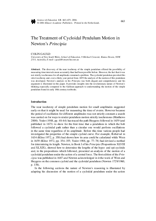 (PDF) The Treatment of Cycloidal Pendulum Motion in Newton’s Principia