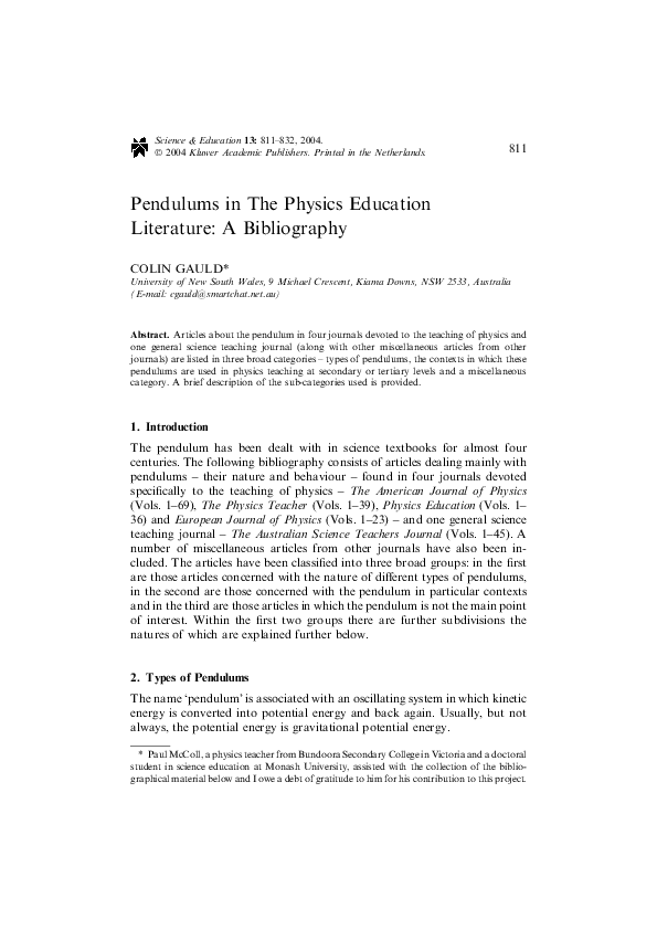 (PDF) Pendulums in the Physics Education Literature: A Bibliography