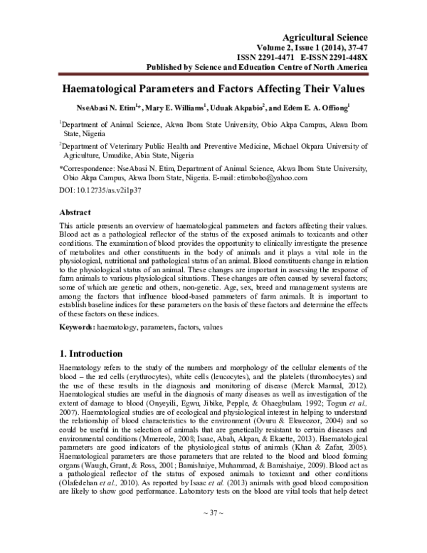 (PDF) Haematological Parameters and Factors Affecting Their Values