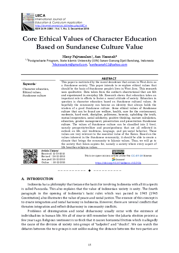 (PDF) Core Ethical Values of Character Education Based on Sundanese ...
