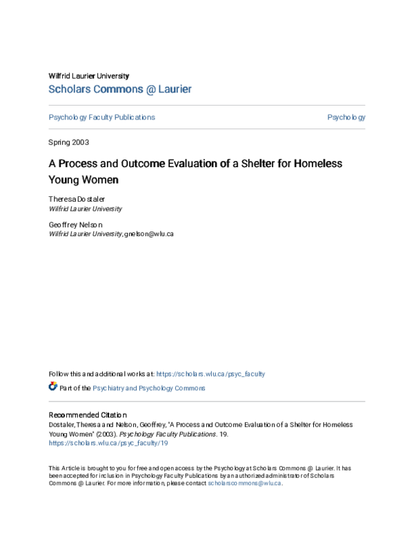(PDF) A Process and Outcome Evaluation of a Shelter for Homeless Young ...