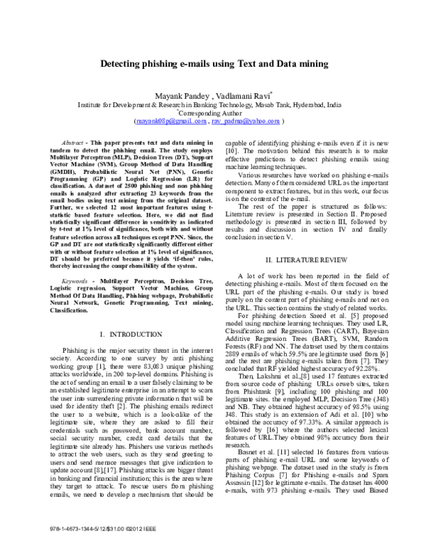 (PDF) Detecting phishing e-mails using text and data mining