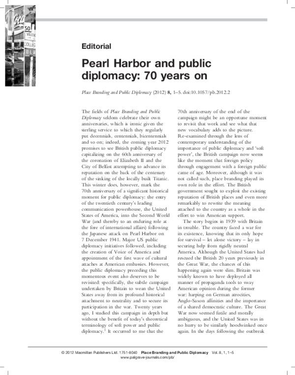 (PDF) Pearl Harbor and public diplomacy: 70 years on