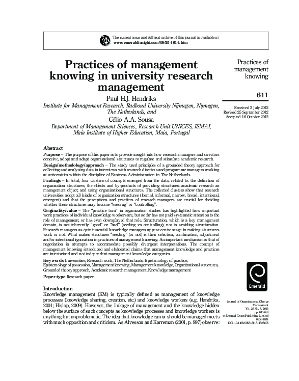(PDF) Practices of management knowing in university research management