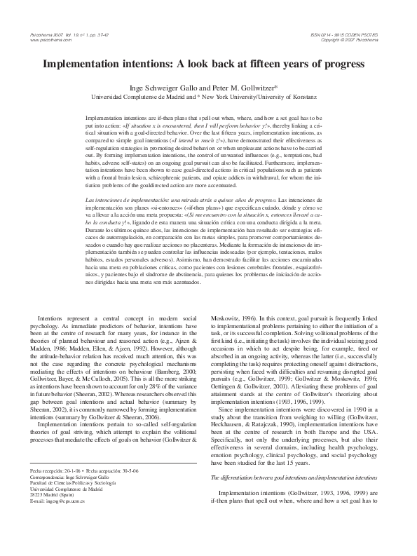 (PDF) Implementation intentions: a look back at fifteen years of progress