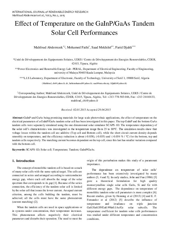(PDF) Effect of Temperature on the GaInP/GaAs Tandem Solar Cell ...