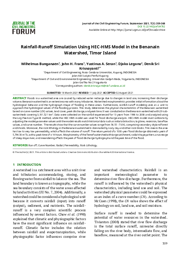 (PDF) Rainfall-Runoff Simulation Using HEC-HMS Model in the Benanain Watershed, Timor Island