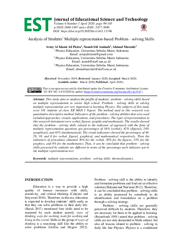 (PDF) Analysis of Students’ Multiple representation-based Problem - solving Skills