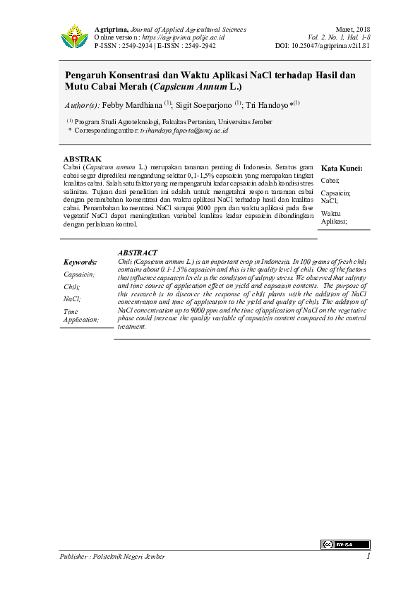 (PDF) Pengaruh Konsentrasi dan Waktu Aplikasi (NaCl) Terhadap Hasil dan Mutu Cabai Merah ...
