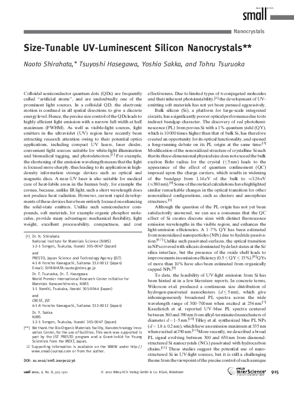 (PDF) Tunable UV-Emission from Silicon Nanocrystals