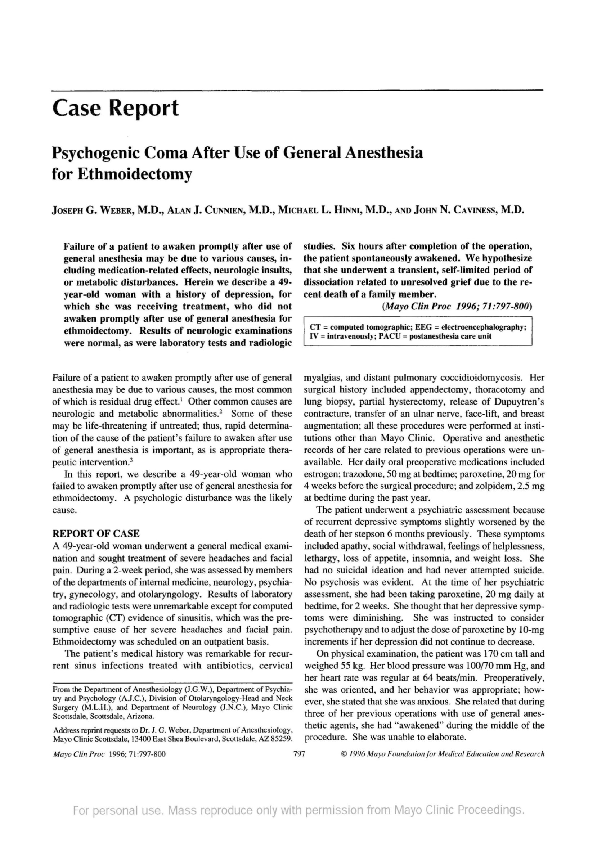 (PDF) Psychogenic coma after use of general anesthesia for ethmoidectomy