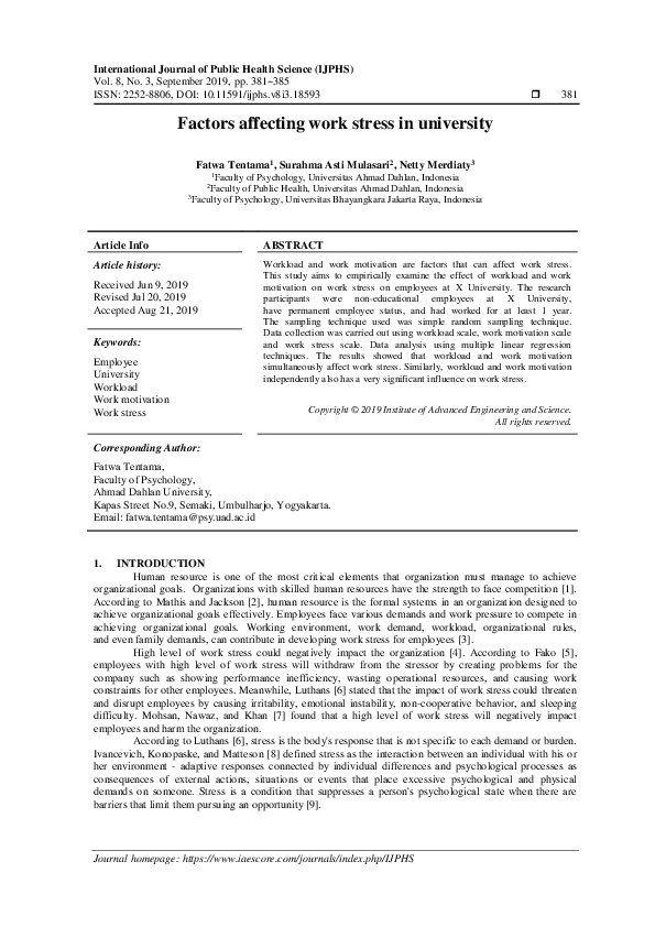 (PDF) Factors affecting work stress in university | Surahma Mulasari - Academia.edu
