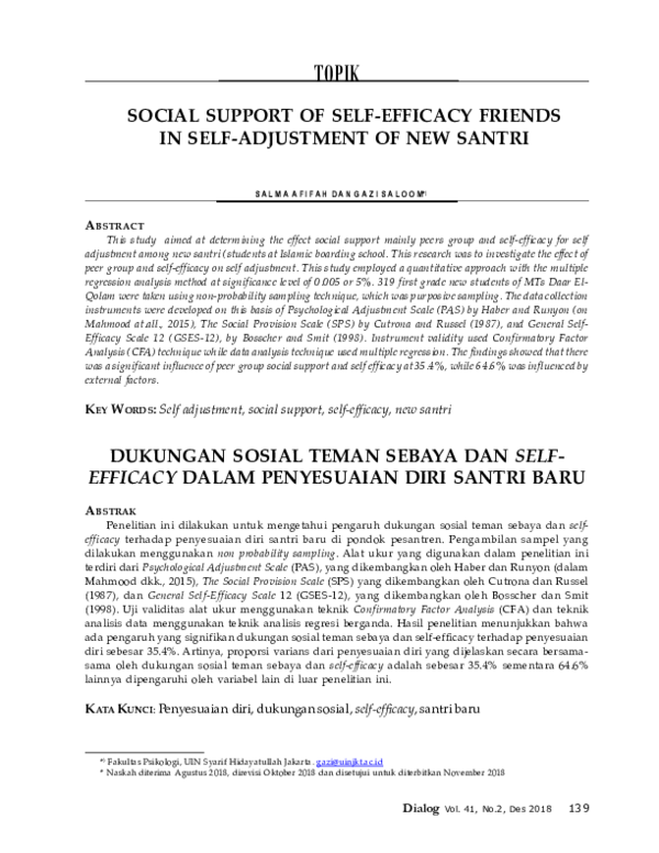 (PDF) Dukungan Sosial Teman Sebaya Dan Self-Efficacy Dalam Penyesuaian Diri Santri Baru