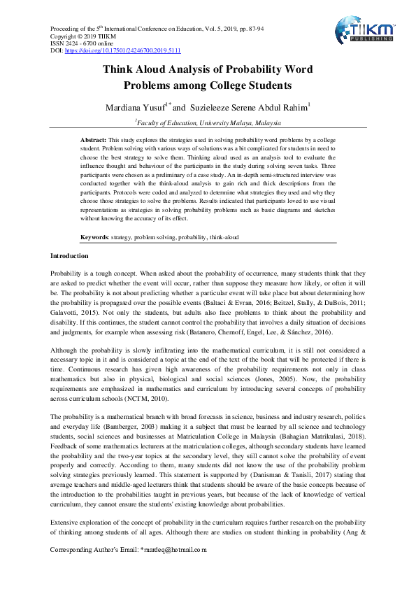 (PDF) Think Aloud Analysis of Probability Word Problems among College ...