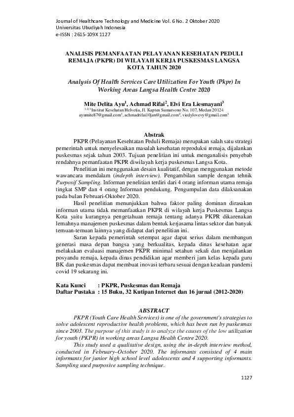 (PDF) Analisis Pemanfaatan Pelayanan Kesehatan Peduli Remaja (PKPR) DI ...