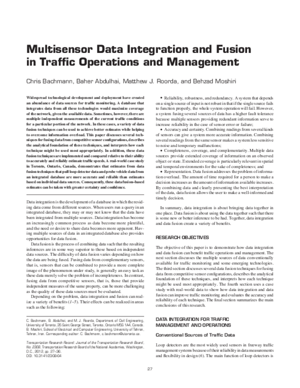 Pdf Multisensor Data Integration And Fusion In Traffic Operations And Management