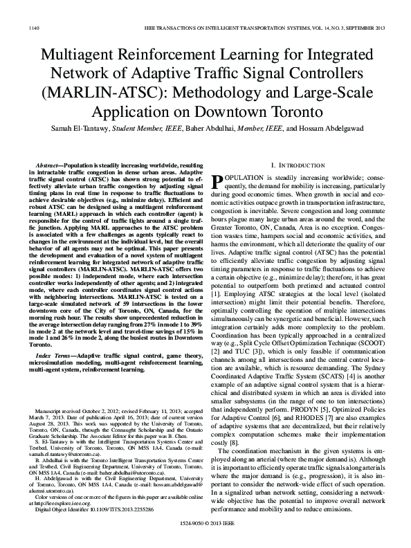 (PDF) Multiagent Reinforcement Learning for Integrated Network of Adaptive Traffic Signal ...