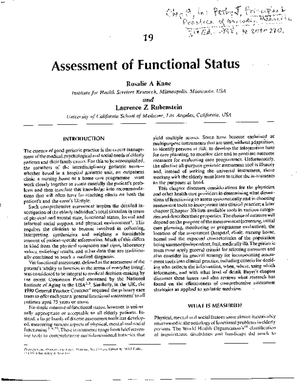 (PDF) Assessment of Functional Status