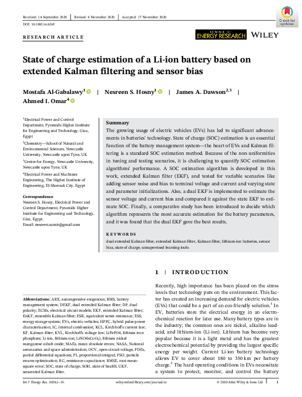 Pdf State Of Charge Estimation Of A Li Ion Battery Based On Extended