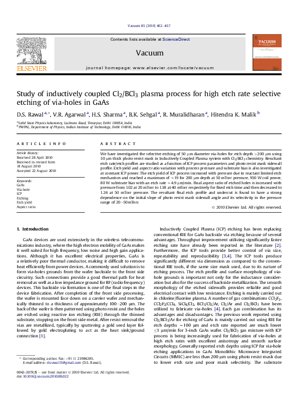 (PDF) Study of inductively coupled Cl2/BCl3 plasma process for high etch rate selective etching ...