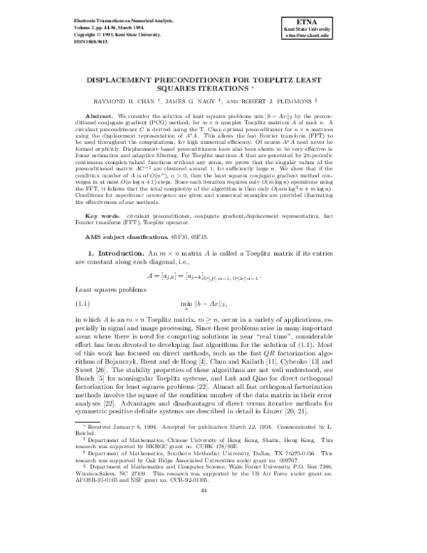 Pdf Displacement Preconditioner For Toeplitz Least Squares Iterations 