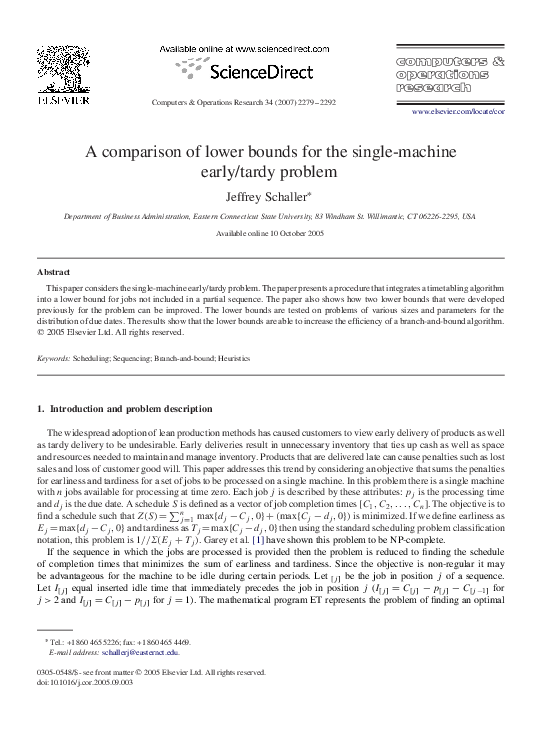 (PDF) A comparison of lower bounds for the single-machine early/tardy problem