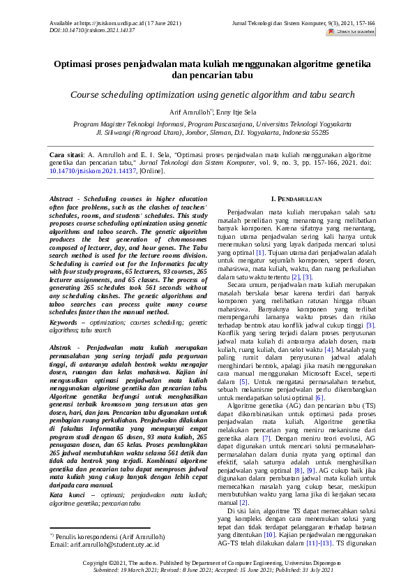 (PDF) Course scheduling optimization using genetic algorithm and tabu search