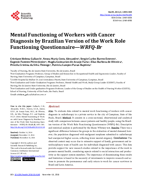 (PDF) Mental Functioning of Workers with Cancer Diagnosis by Brazilian ...