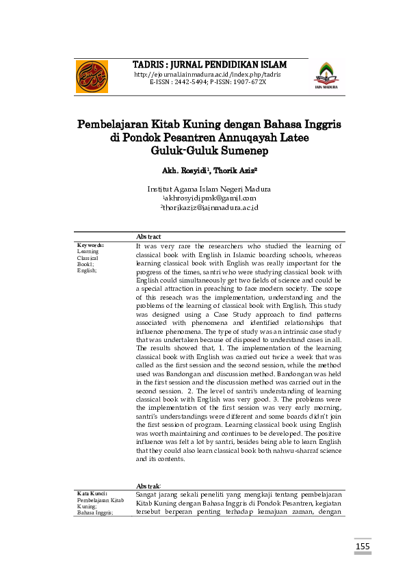 (PDF) Pembelajaran Kitab Kuning dengan Bahasa Inggris di Pondok Pesantren Annuqayah Latee Guluk ...