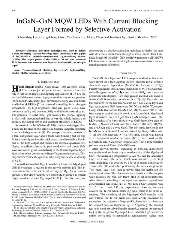 InGaN–GaN MQW LEDs With Current Blocking Layer Formed by Selective ...