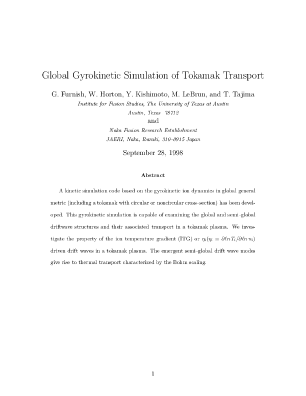 (PDF) Global gyrokinetic simulation of tokamak transport | toshiki ...