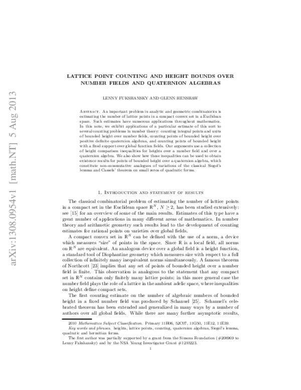 (PDF) Lattice point counting and height bounds over number fields and quaternion algebras