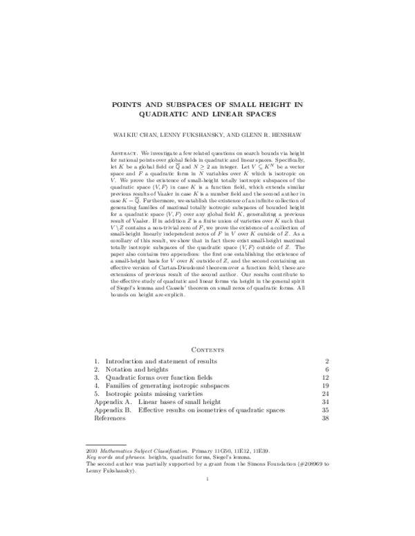 (PDF) Points and subspaces of small height in quadratic and linear spaces