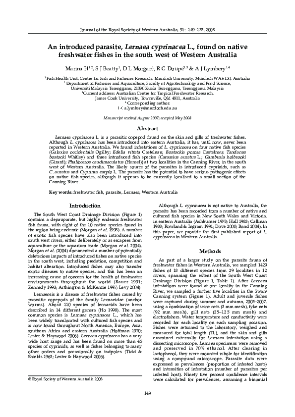 (PDF) An introduced parasite, Lernaea cyprinacea L., found on native ...