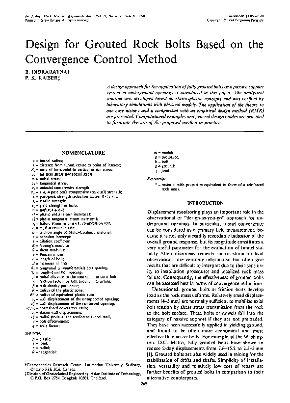 (PDF) Design for grouted rock bolts based on the convergence control method
