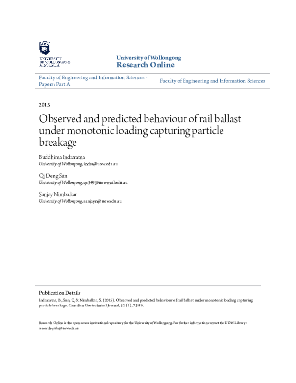 (PDF) Observed and predicted behaviour of rail ballast under monotonic loading capturing ...