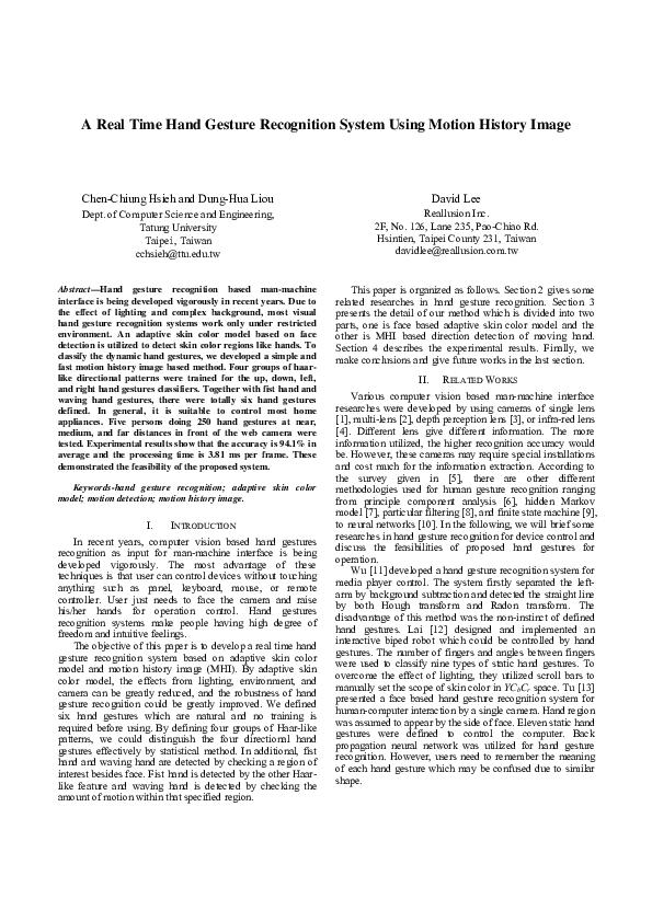 (PDF) A real time hand gesture recognition system using motion history image