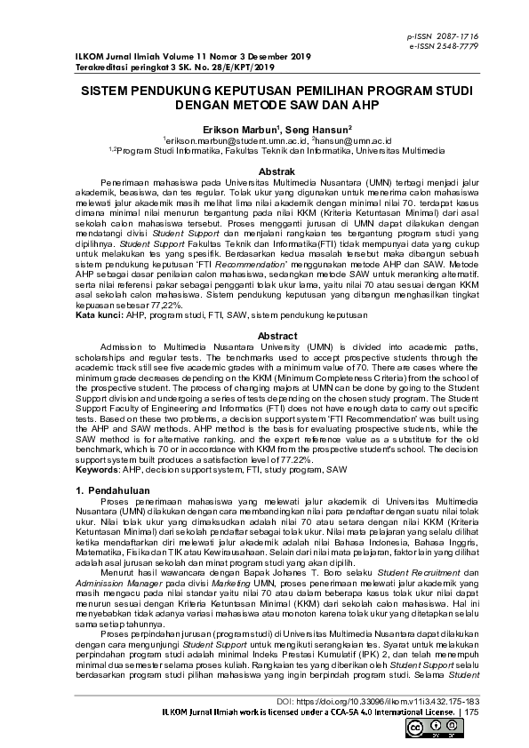 (PDF) Sistem Pendukung Keputusan Pemilihan Program Studi Dengan Metode Saw Dan Ahp